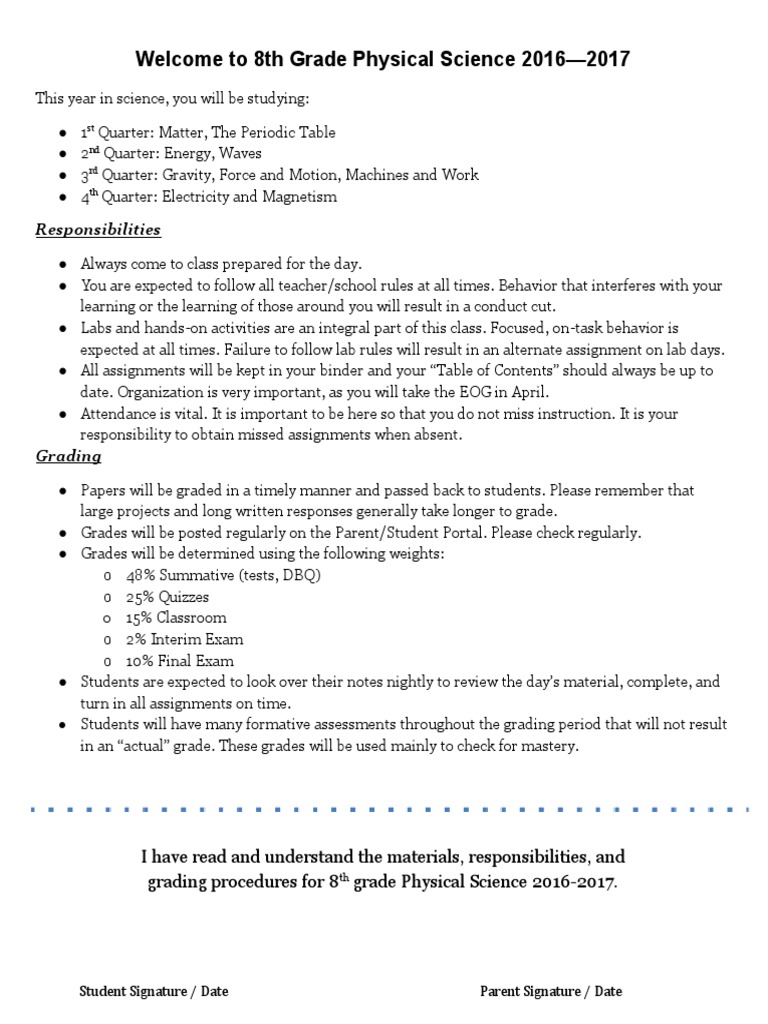 Welcome To 8th Grade Physical Science 2016-2017: Responsibilities | PDF ...