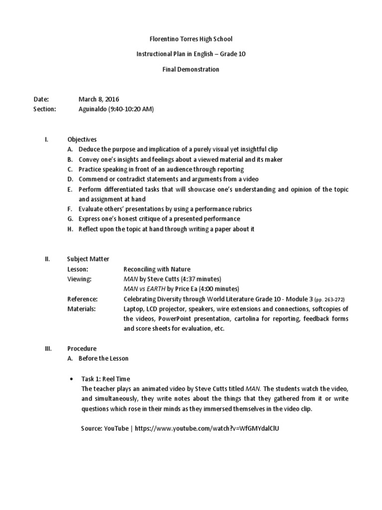 Grade 10 English Lesson Plan (sample for ST demo) | Question | Rubric ...