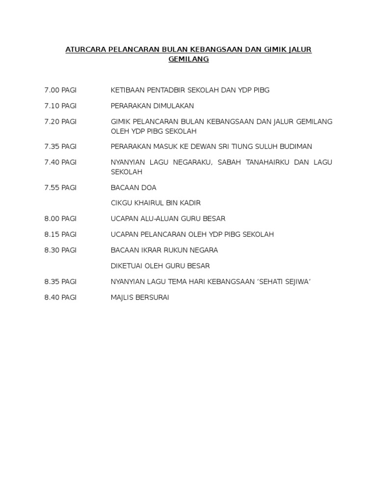Aturcara Pelancaran Bulan Kebangsaan Dan Gimik Jalur Gemilang | PDF