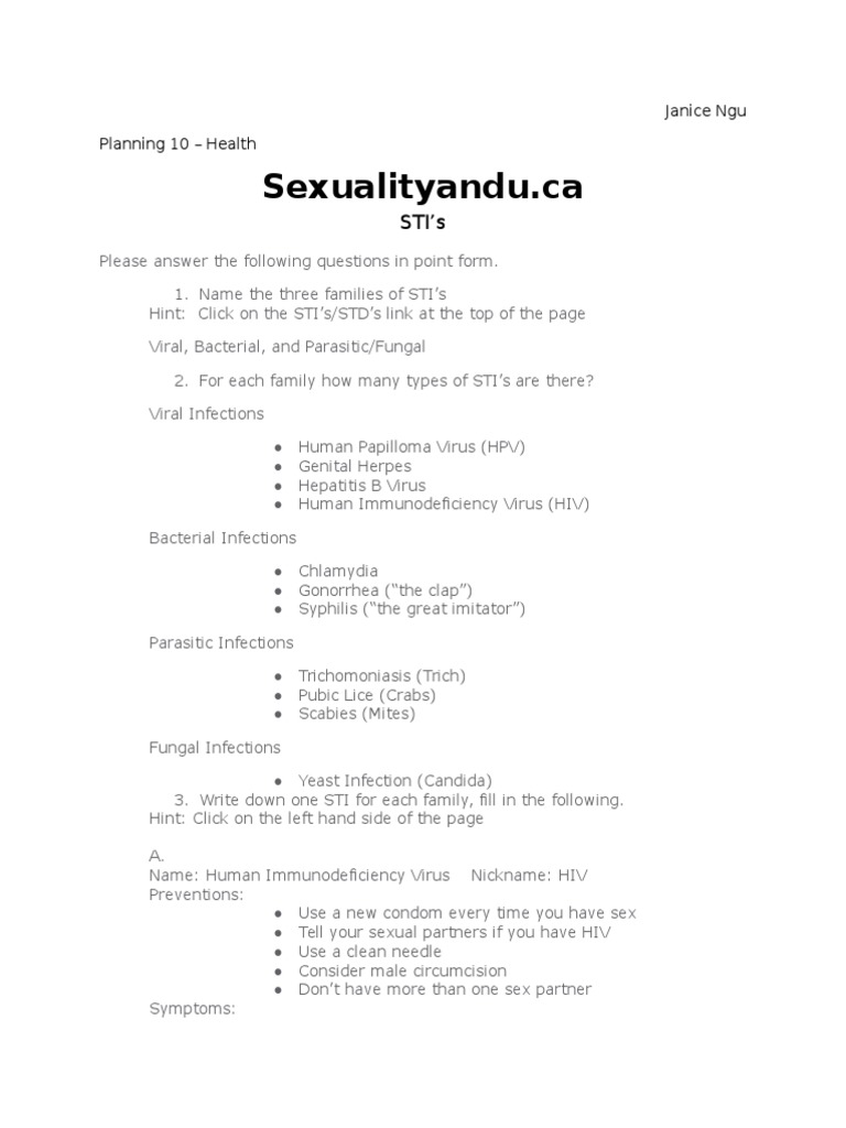 Planning10 Heath Sexualityanduworksheet1 | PDF | Sexually Transmitted ...