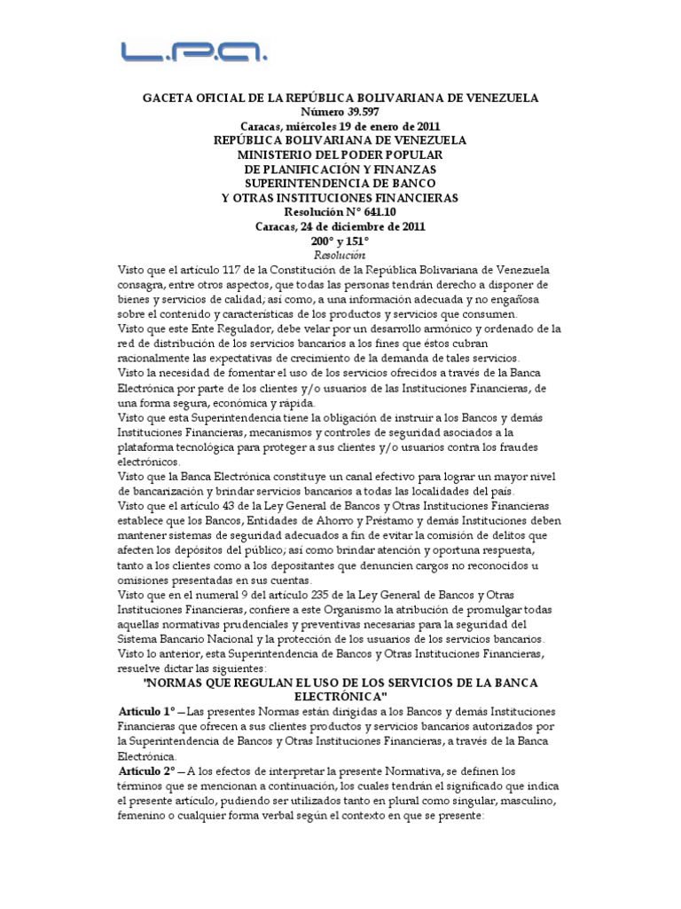 Ley Que Regula La Banca Electronica Resolución #641.10 | PDF ...