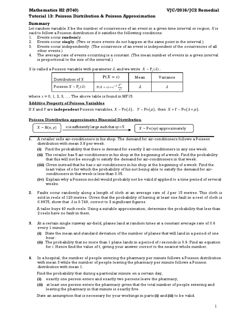2016 JC2 Remedial Tutorial 13 Poisson Distribution Approximation (Q A ...