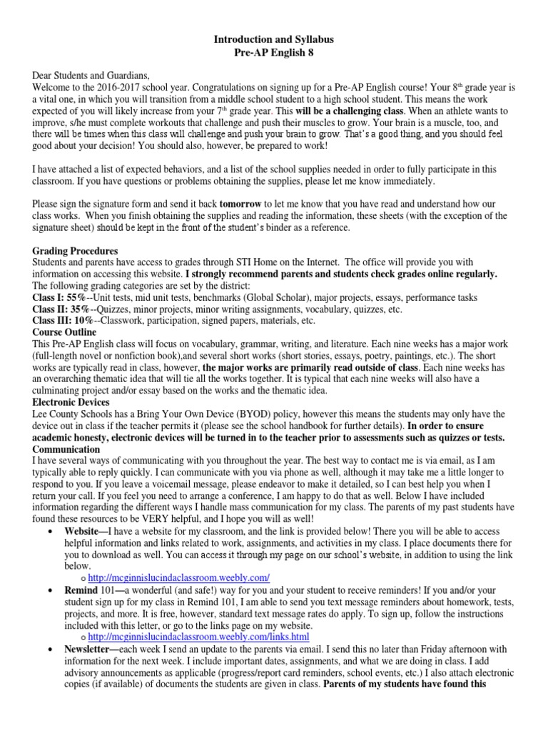 Pre-AP English 8 Syllabus Overview | PDF | Homework | Syllabus