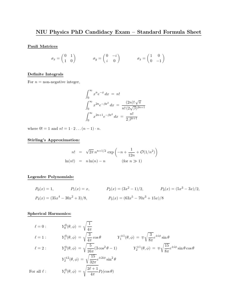 Niu Physics PHD Candidacy Exam - Standard Formula Sheet | PDF