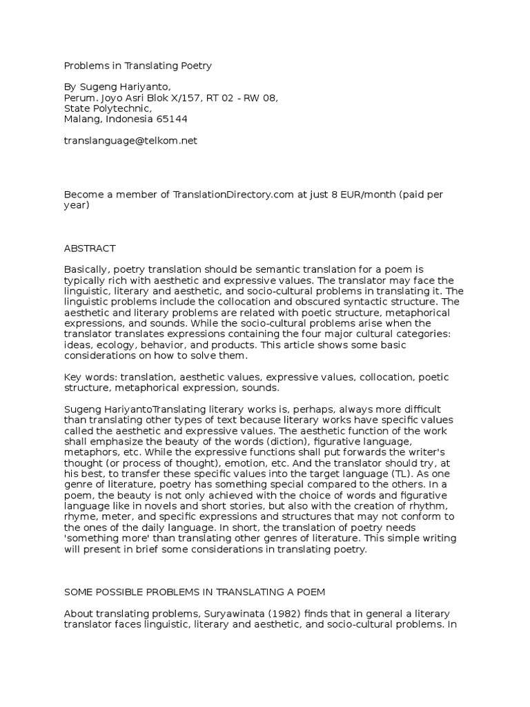 Problems in Translating Poetry | PDF | Poetry | Translations