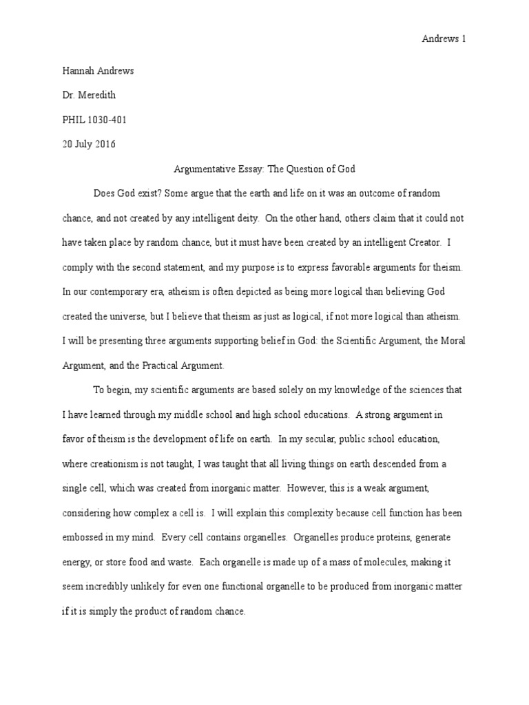 Does God Exist Essay | PDF | Existence Of God | Universe