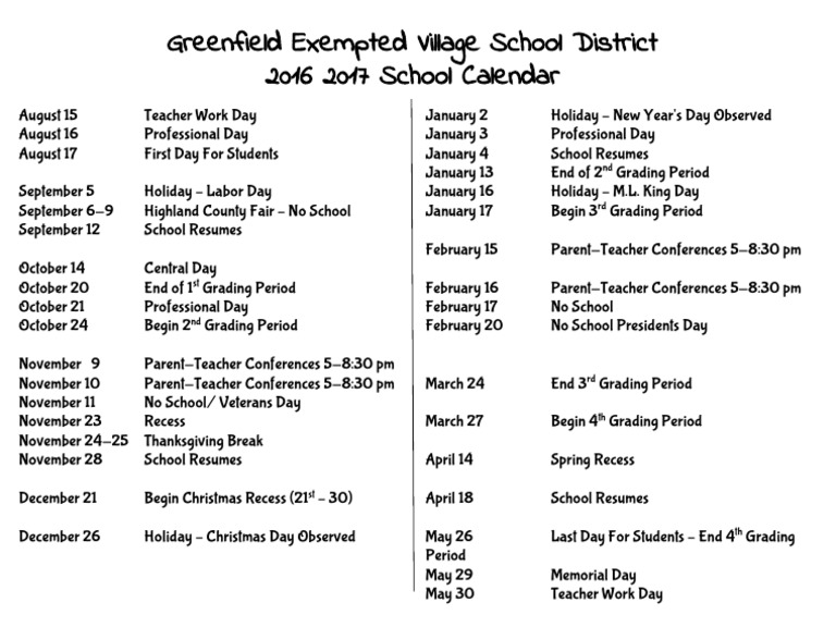 Greenfield Exempted Village School District 2016 2017 School Calendar | PDF