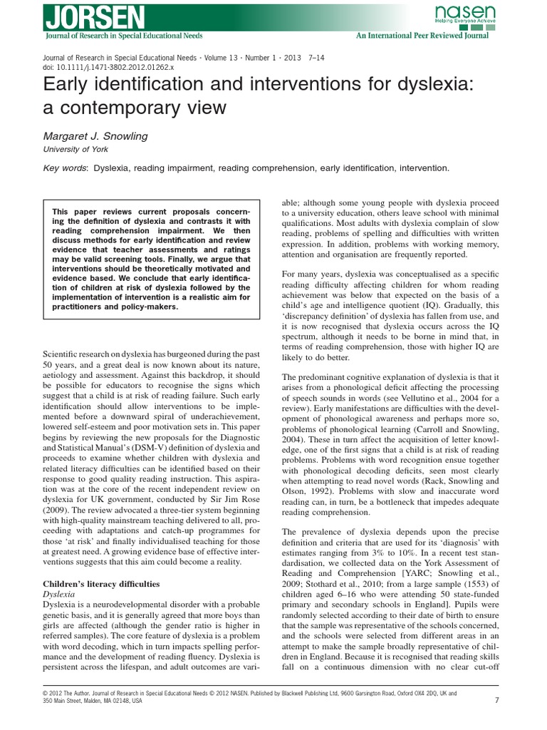 Early Identification and Interventions For Dyslexia: A Contemporary ...