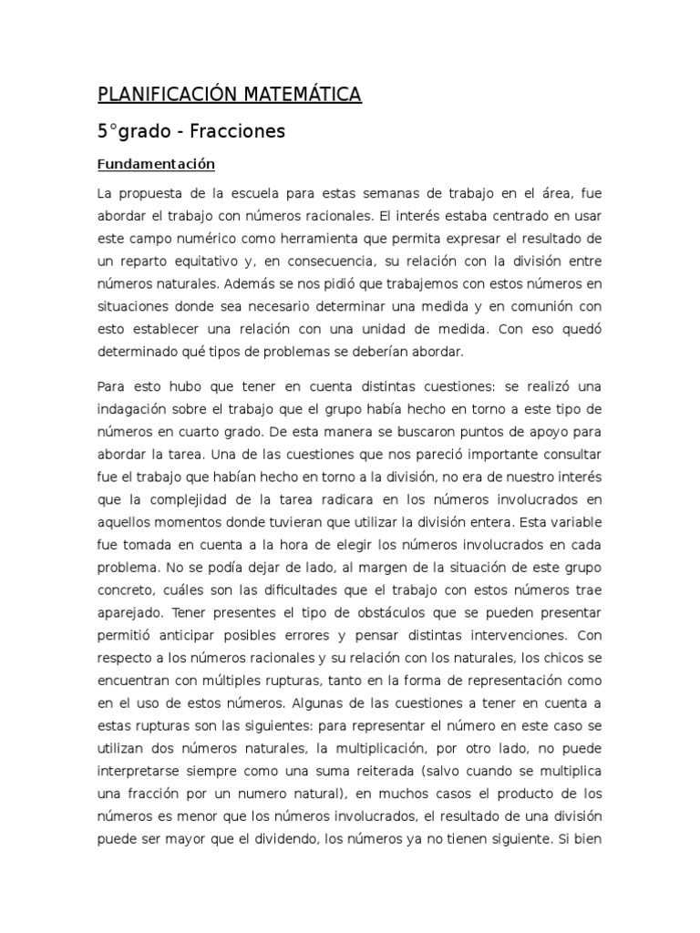 Planificación de Fracciones 5° Grado | PDF | Fracción (Matemáticas ...