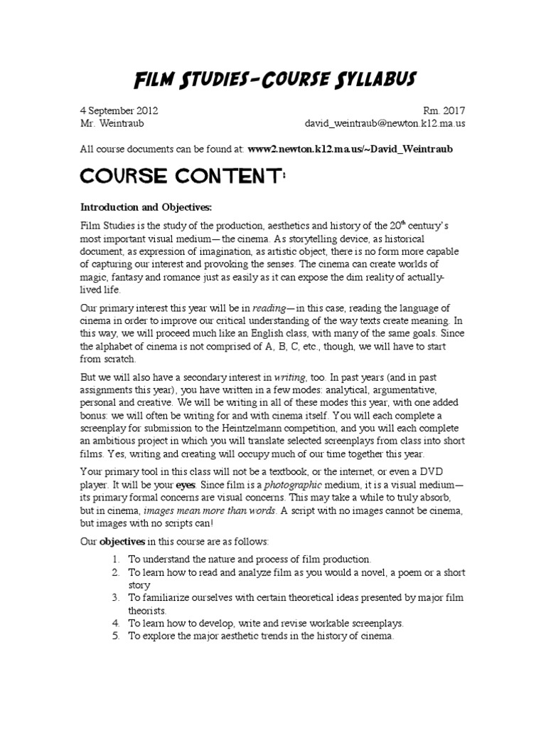 Course Syllabus Film Studies | PDF | Alfred Hitchcock | Hamlet