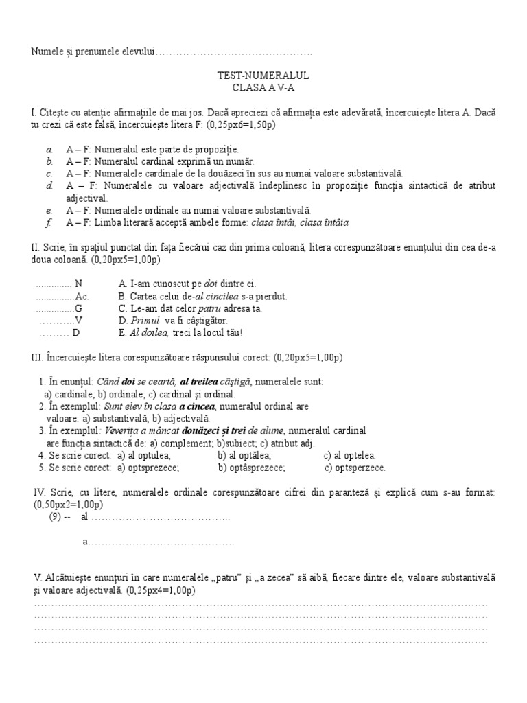 Test Numeralul Clasa A V A | PDF