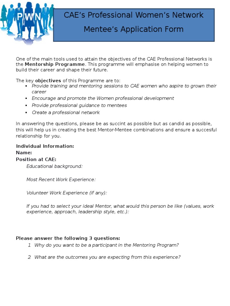 PWN Mentorship Program Mentee Application Form Blank | PDF