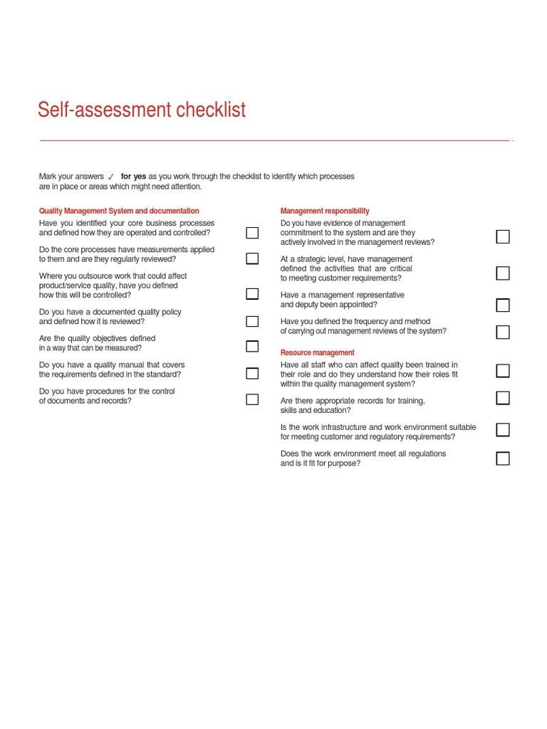ISO 9001 Self Assessment Checklist | PDF | Business Process | Quality ...
