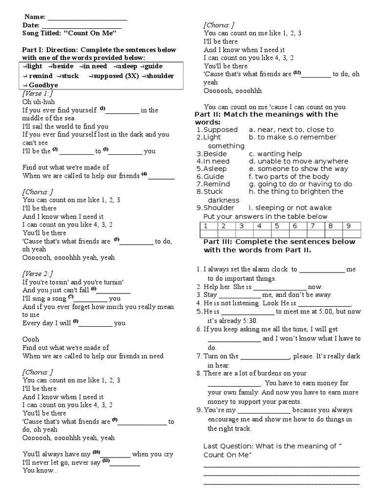 Count On Me by Bruno Mars Worksheet | PDF | Song Structure | Leisure