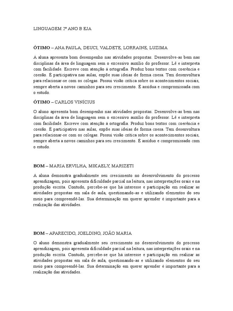 Relatórios Eja Linguagem - 2º B | PDF | Aprendizado | Conceitos psicológicos