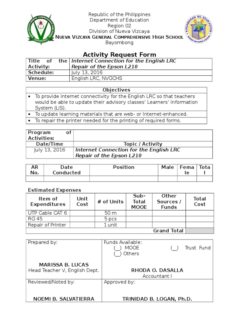 Activity Request Form: Internet Connection For The English LRC Repair ...