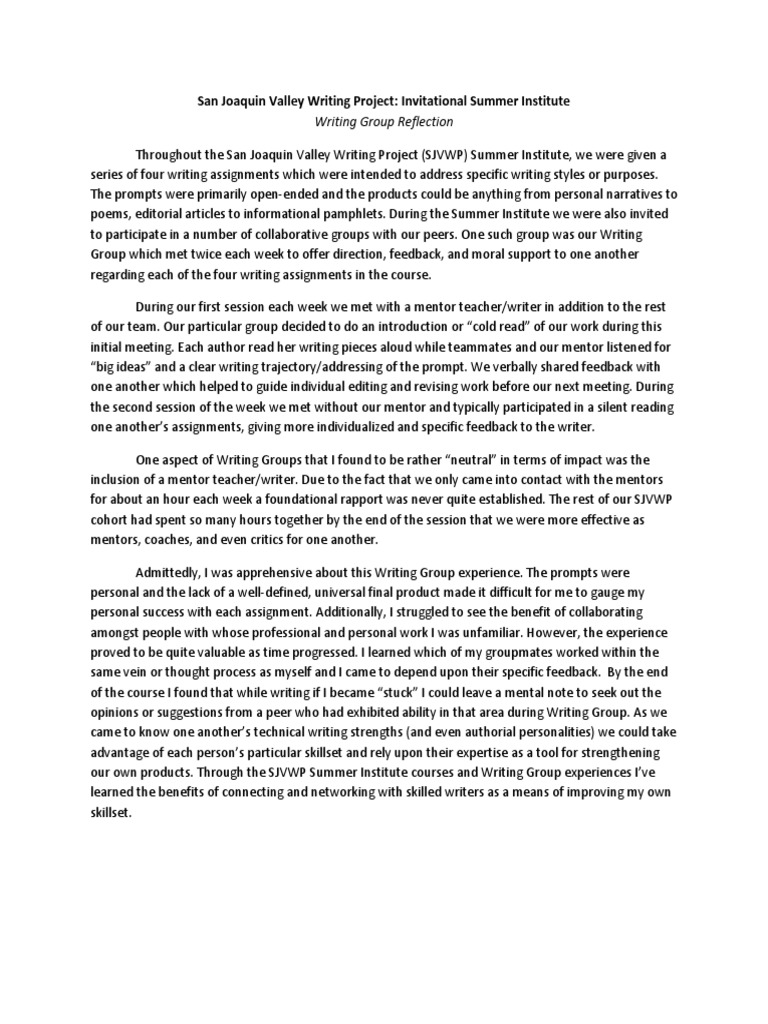 SJVWP Summer Institute Writing Reflection | PDF | Mentorship | Teaching