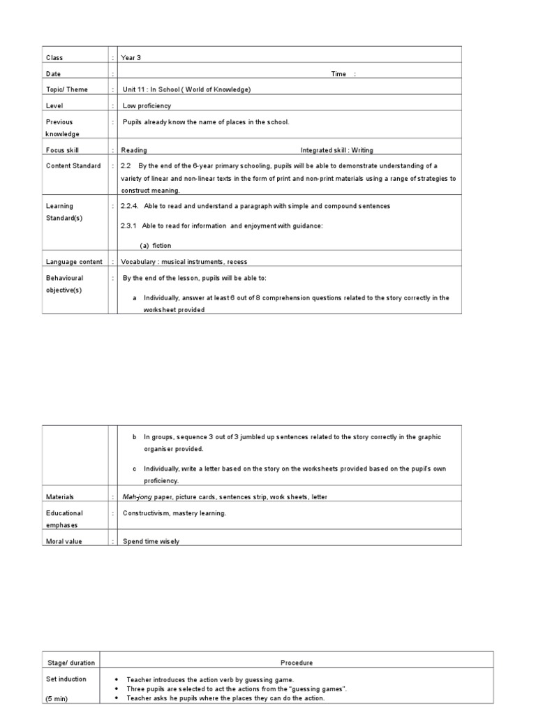 Lesson Plan Unit 11 (In School) | PDF | Reading Comprehension ...