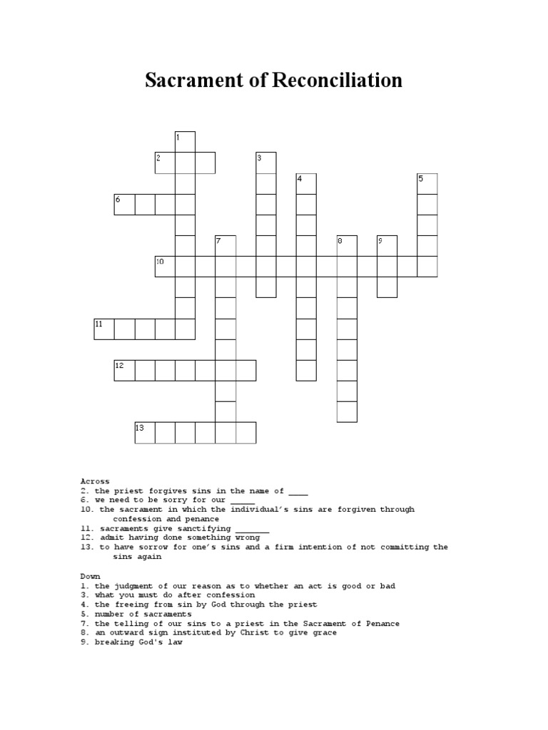 Sacrament of Reconciliation Crossword Puzzle With Solution | PDF