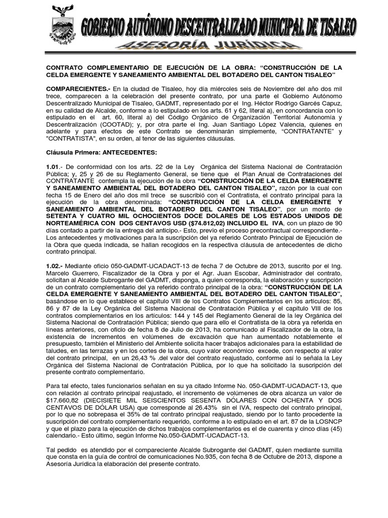 Ejemplo de Contrato Complementario | PDF | Arbitraje | Mediación