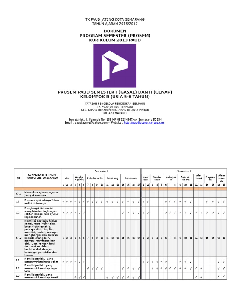 Prosem Paud Kurikulum 2013 KLP B - SMT 1,2 - Paud Jateng | PDF