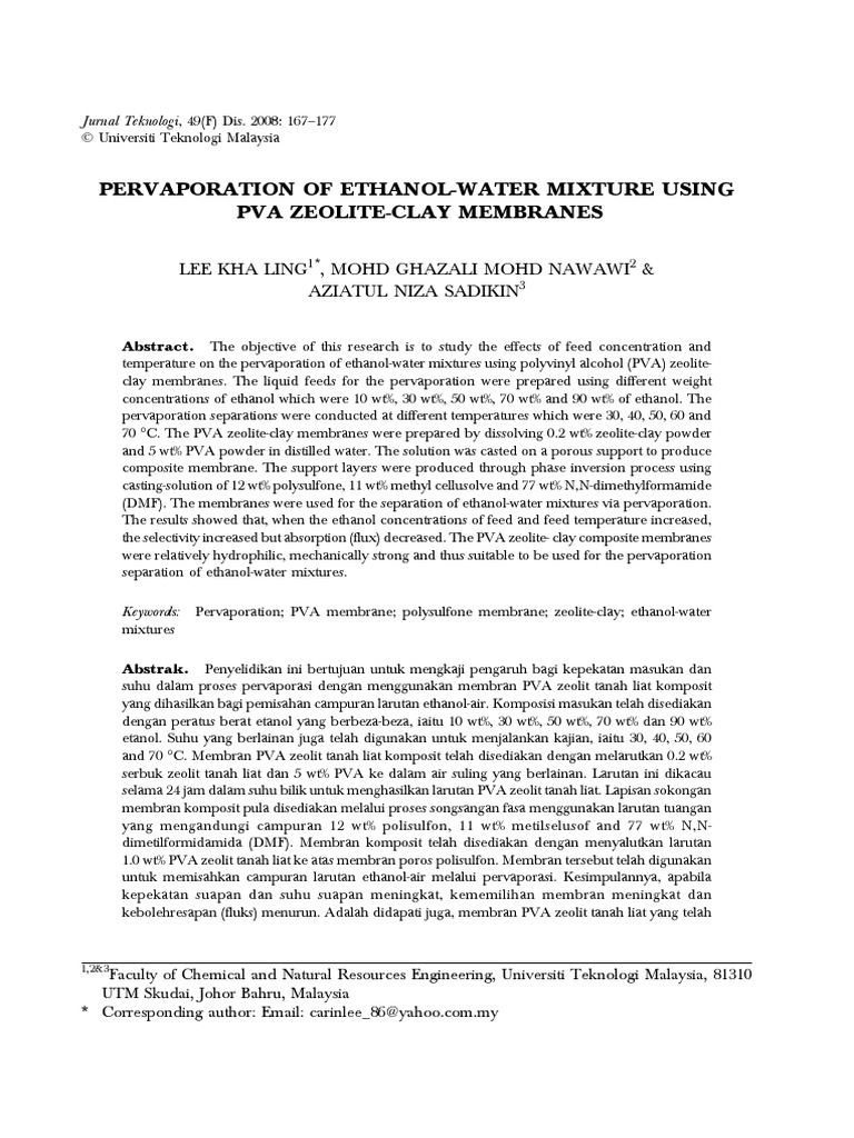 Pervaporation of Ethanol-Water Mixture Using Pva Zeolite-Clay Membranes | PDF | Zeolite ...