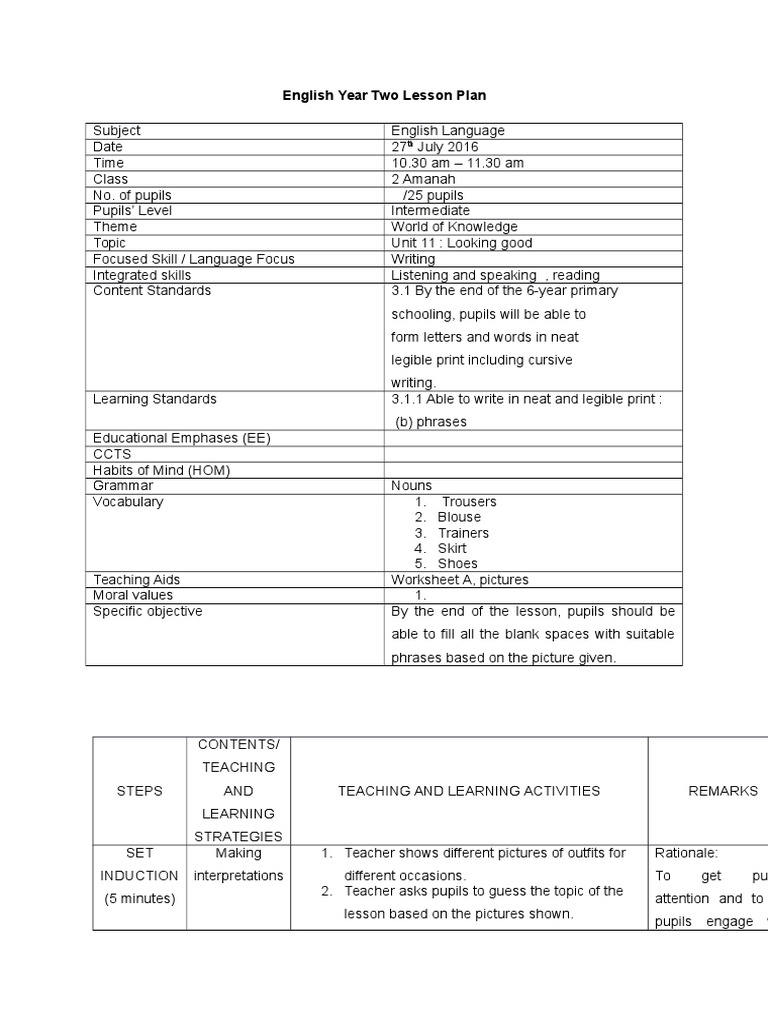 English Year Two Lesson Plan Week 2 | Lesson Plan | English Language