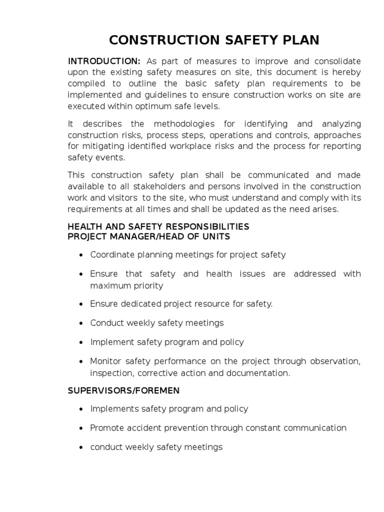 A Comprehensive Construction Safety Plan Outlining Health and Safety ...