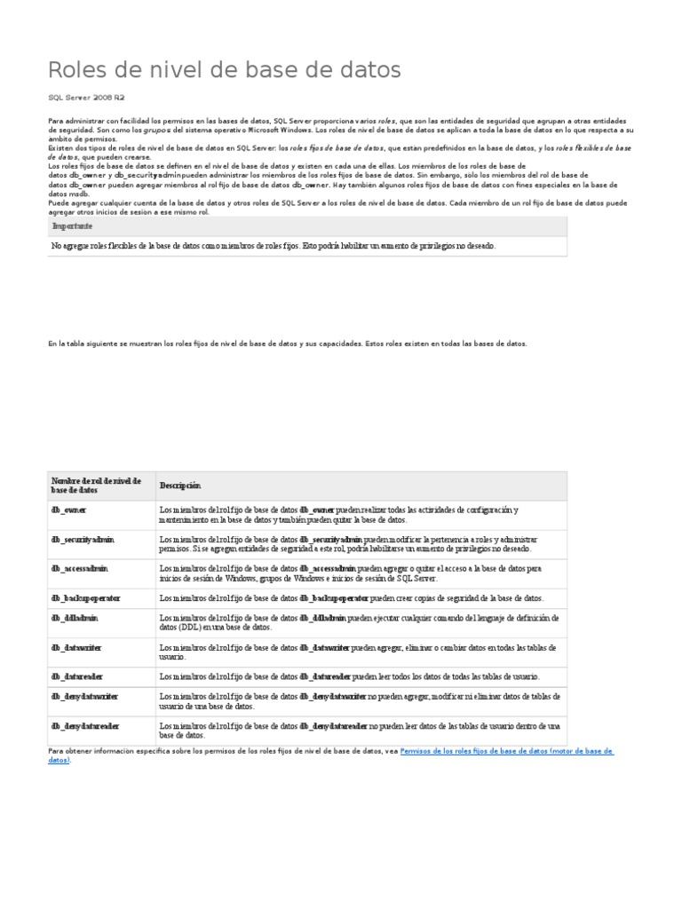 Roles de Base de Datos en SQL Server | PDF | Servidor SQL de Microsoft ...