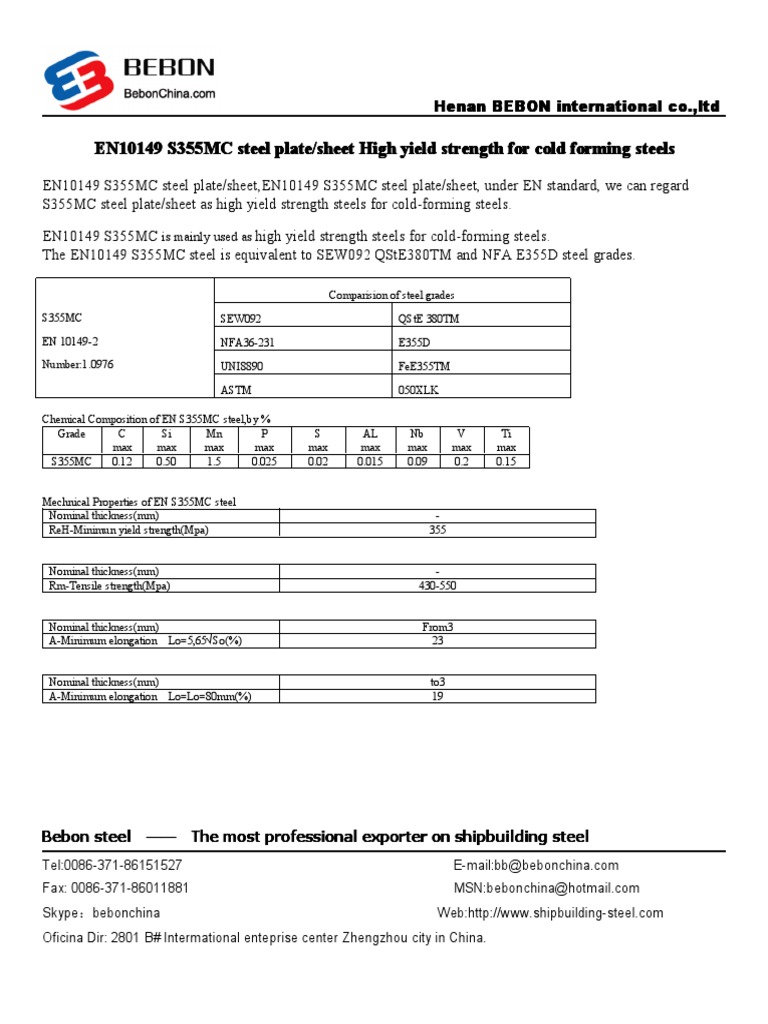 S 355 MC | PDF | Metals | Chemistry