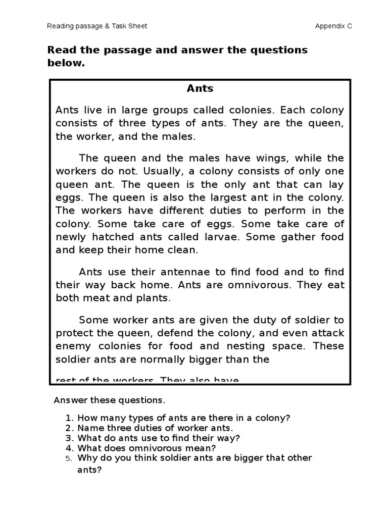 Read The Passage and Answer The Questions Below. Ants: Reading Passage ...