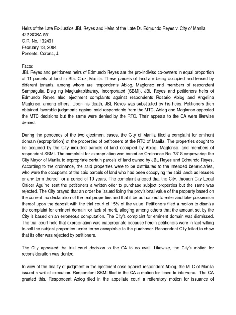 JBL Reyes Heirs vs. City of Manila Expropriation | PDF | Eminent Domain ...
