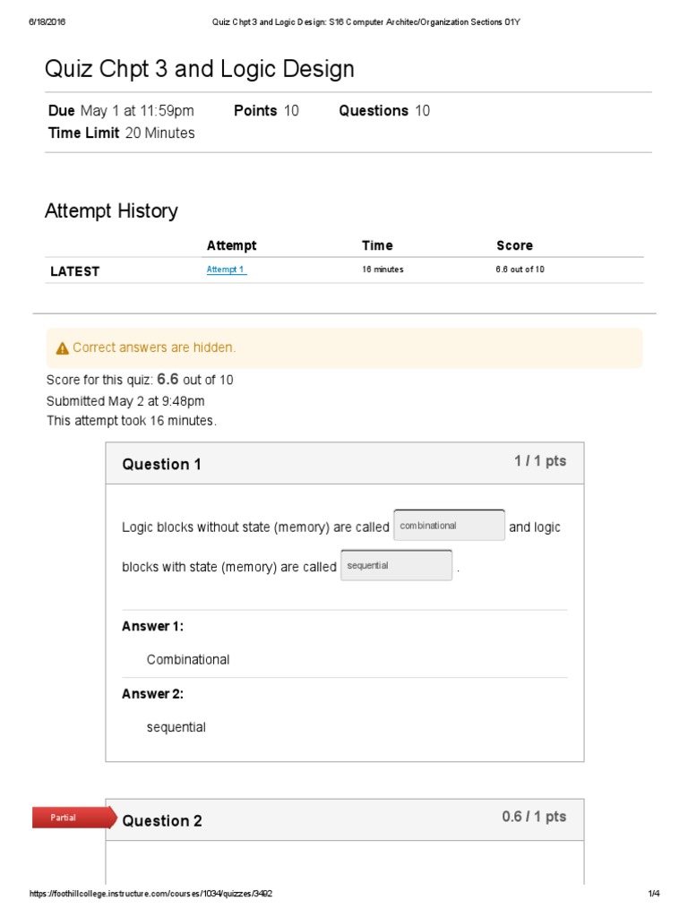 Quiz CHPT 3 and Logic Design - S16 Computer Architec - Organization ...