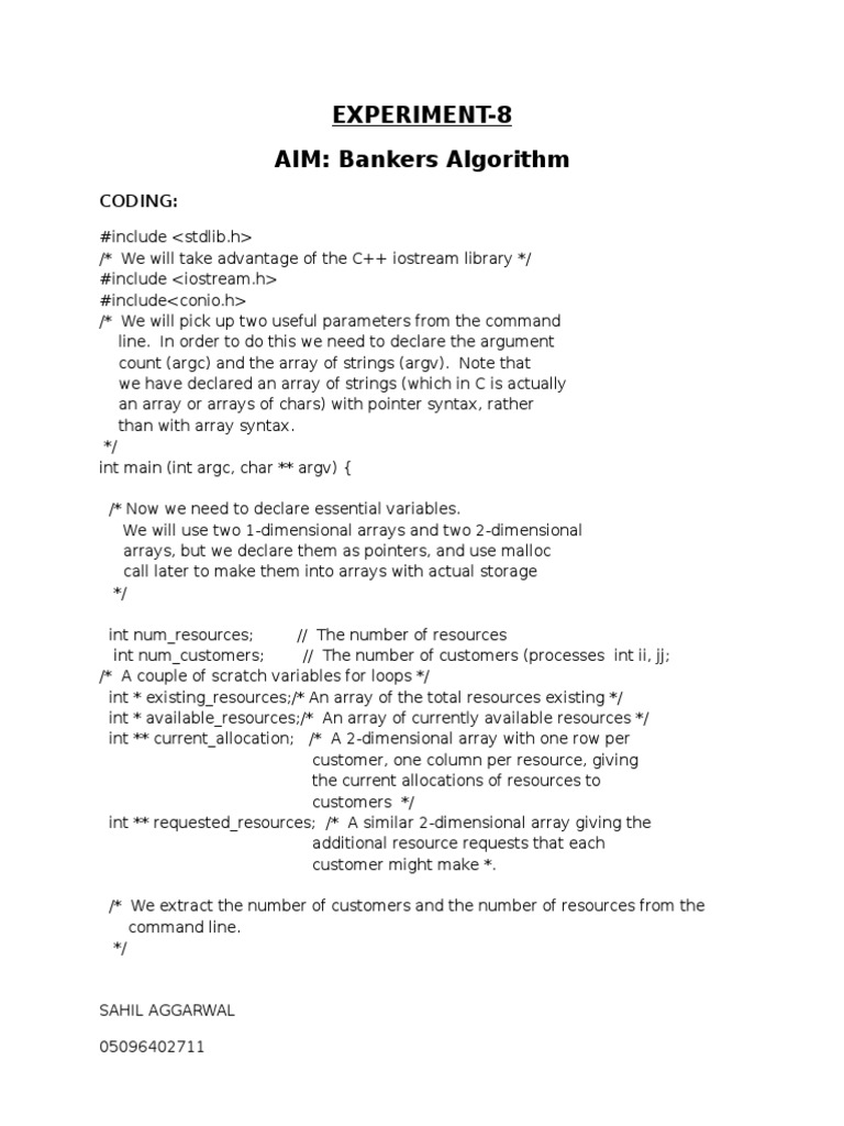 Experiment-8 AIM: Bankers Algorithm: Coding | PDF | Array Data Structure | Pointer (Computer ...