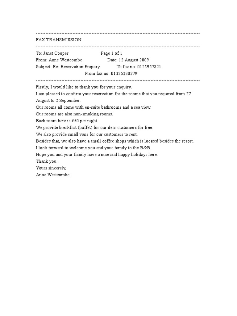 Sample Fax Transmission (Reply)