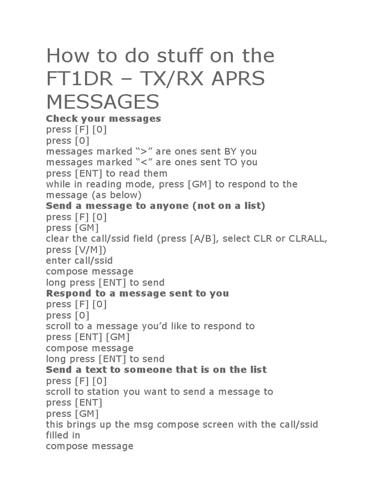 How To Do Stuff On The Ft1Dr - TX/RX Aprs Messages | PDF