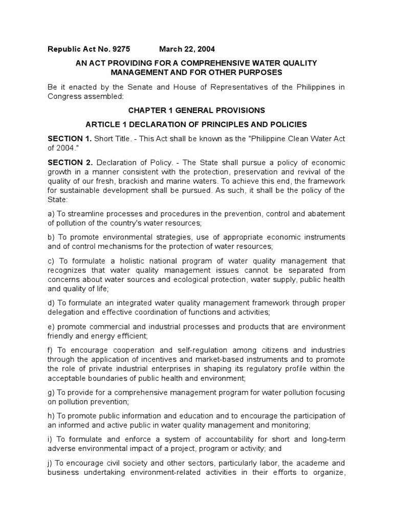 Republic Act No. 9275 | Water Resources | Water Quality