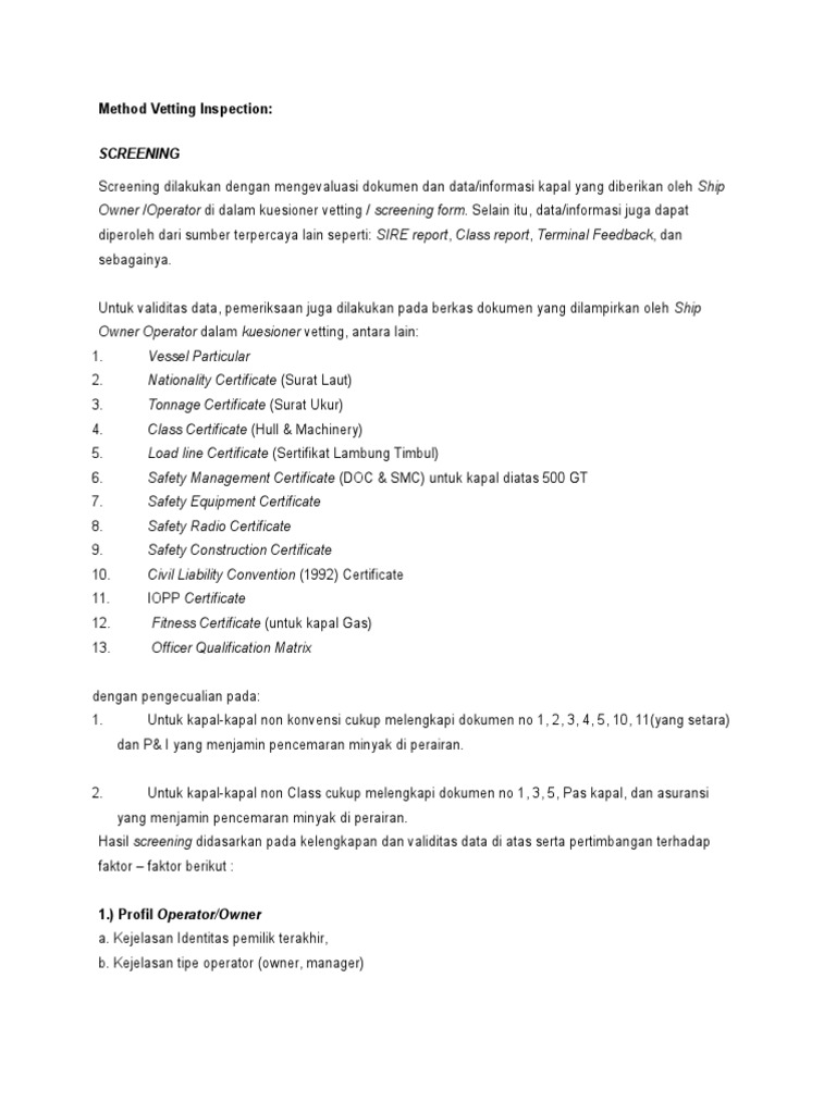 Proses dan Kriteria Vetting Kapal | PDF