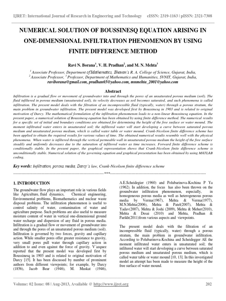 Numerical Solution Of Boussinesq Equation Arising In One Dimensional Infiltration Phenomenon By