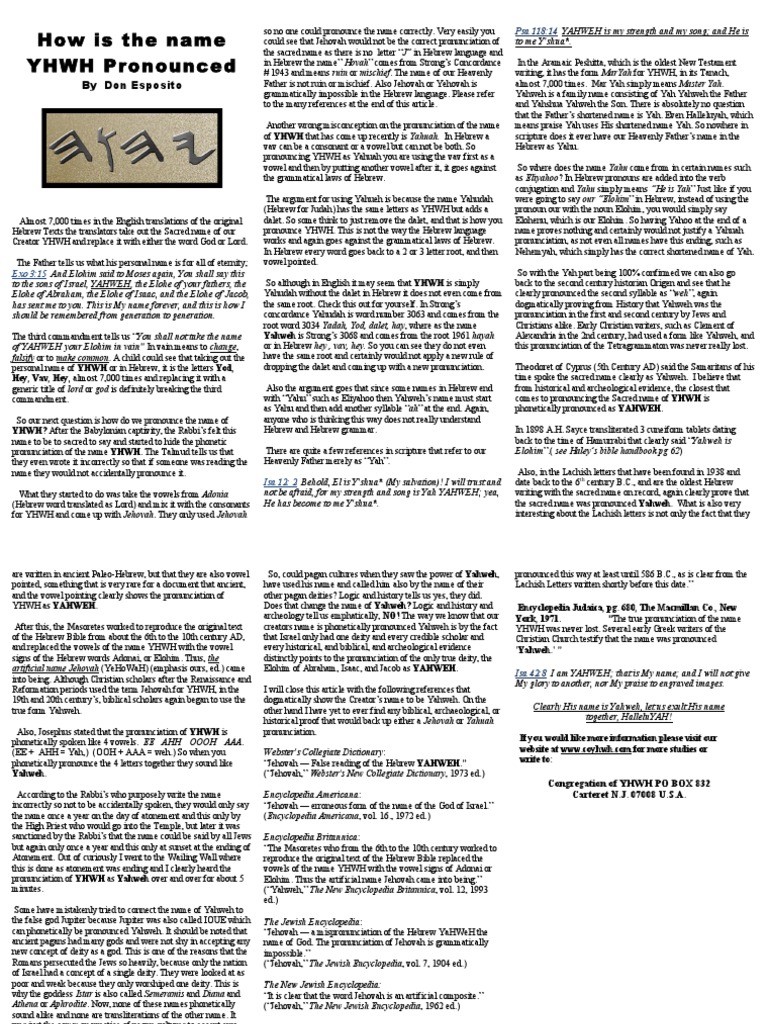 Pronouncing YHWH: The Name Yahweh | PDF | Tetragrammaton | Jehovah