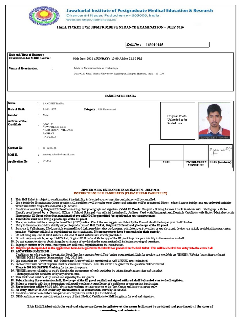 Hall Ticket For Jipmer Mbbs Entrance Examination - July 2016 | Download ...