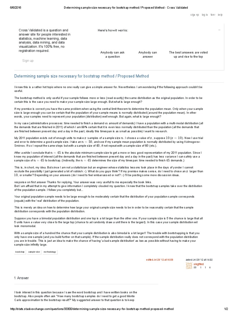 Determining Sample Size Necessary For Bootstrap Method Proposed Method Cross Validated Pdf