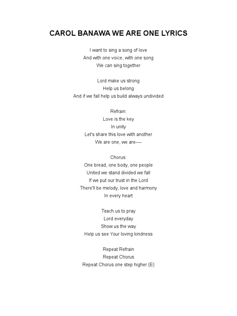 Carol Banawa We Are One Lyrics | Refrain | Songs