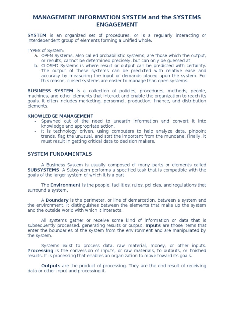 MANAGEMENT INFORMATION SYSTEM and The SYSTEMS ENGAGEMENT | PDF ...