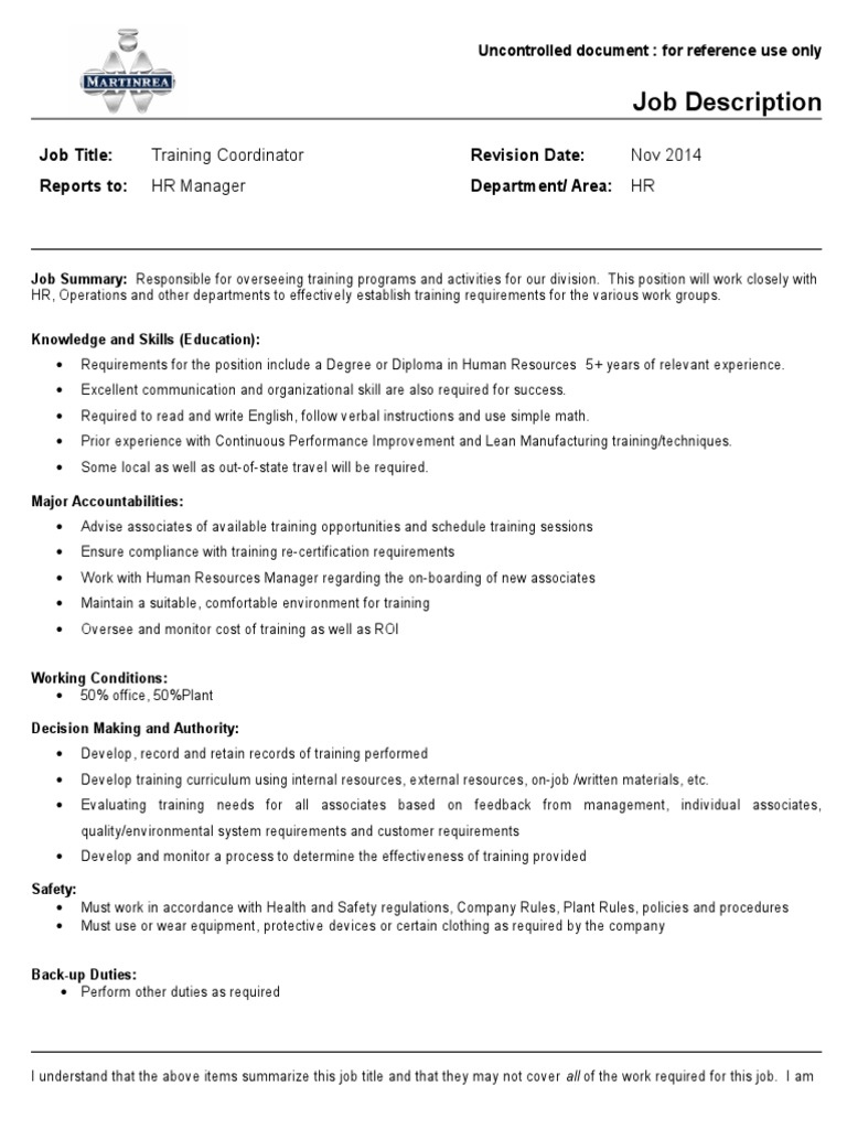 Training Coordinator Job Description | PDF | Career & Growth | Business