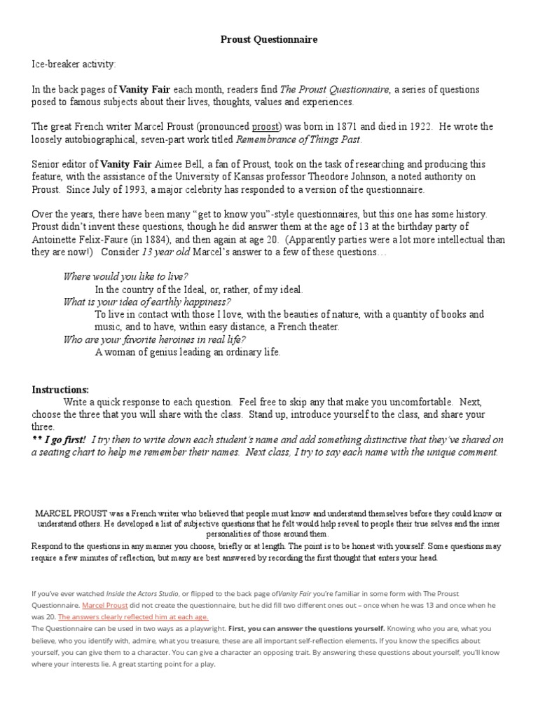 Proust Questionnaire | Marcel Proust | Questionnaire