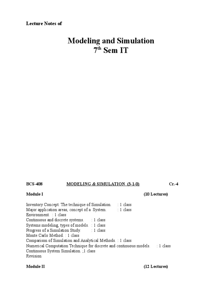 Modeling and Simulation 7 Sem IT: Lecture Notes of | PDF