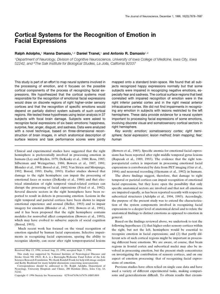 Damasio Cortical Emotion | PDF | Lateralization Of Brain Function ...