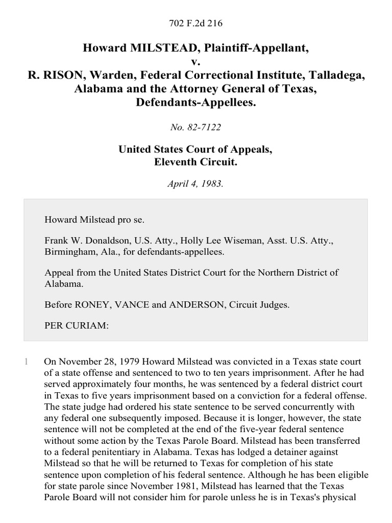 Howard Milstead v. R. Rison, Warden, Federal Correctional Institute ...
