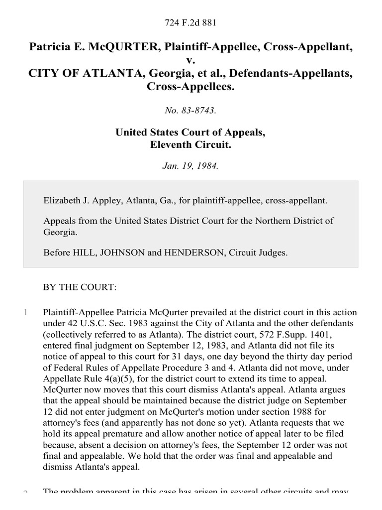 Patricia E. McQurter Cross-Appellant v. City of Atlanta, Georgia, Cross ...